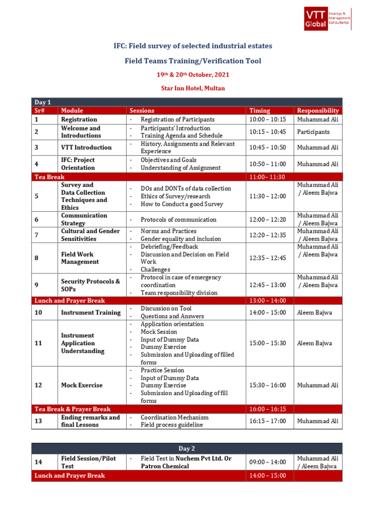 IFC - Field Team Training Agenda | PDF