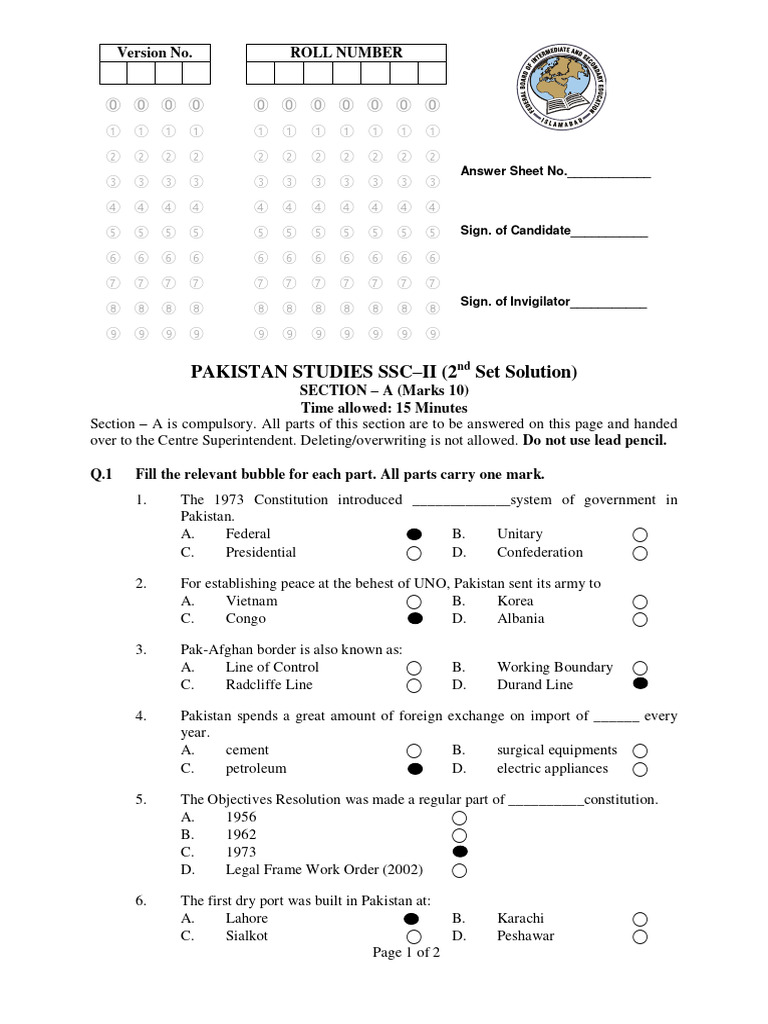 Pakistan Studies SSC-II Solution 2nd Set | PDF | Pakistan | Muhammad Ali Jinnah
