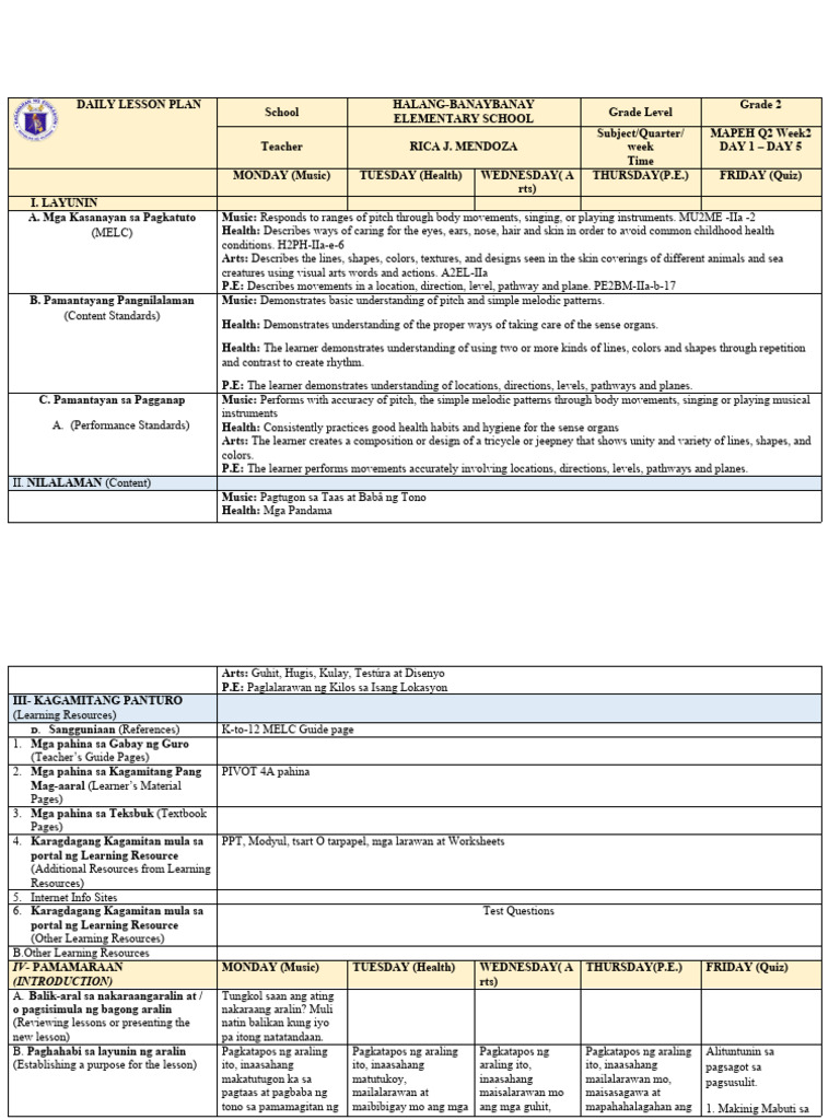 DLP Mapeh Week 2 Day 1-5 | PDF