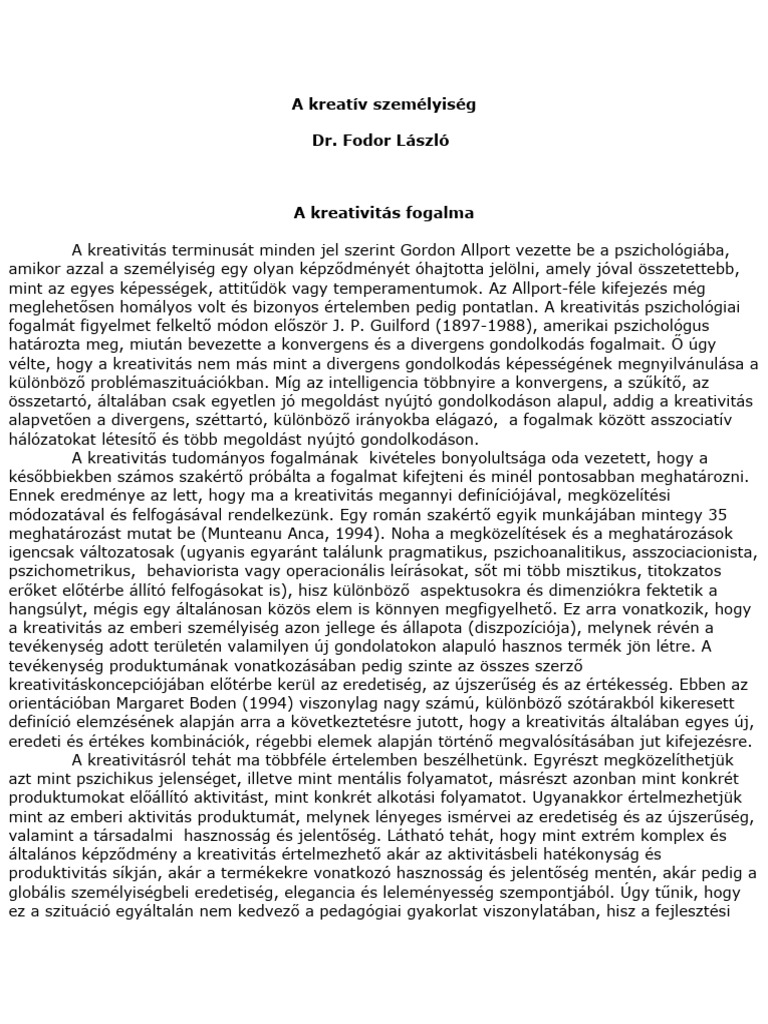 Fodor A Kreatív Személyiség | PDF