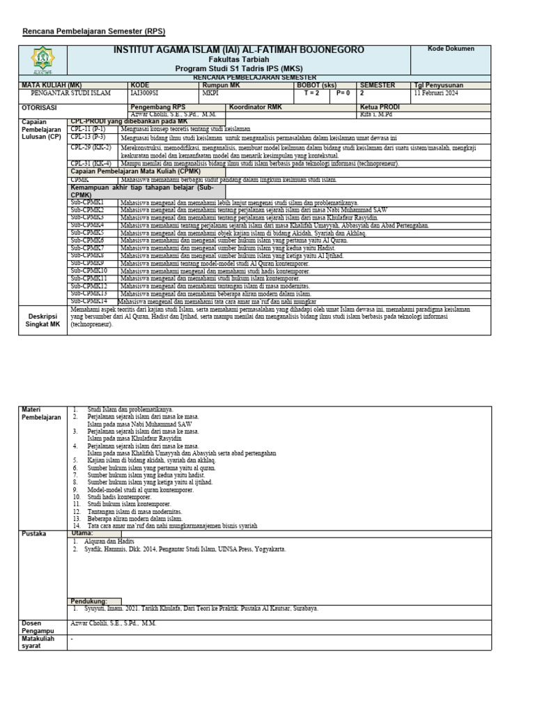 Azwar - RPS Pengantar Studi Islam | PDF