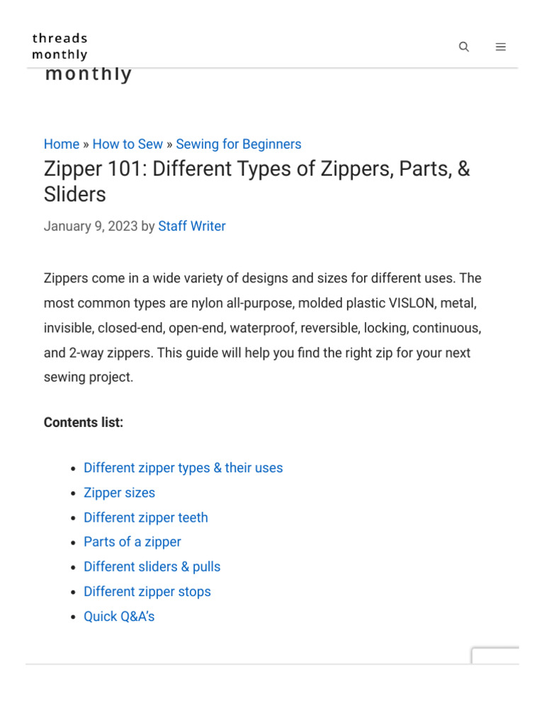 Zipper 101 - Different Types of Zippers, Parts, & Sliders | PDF ...