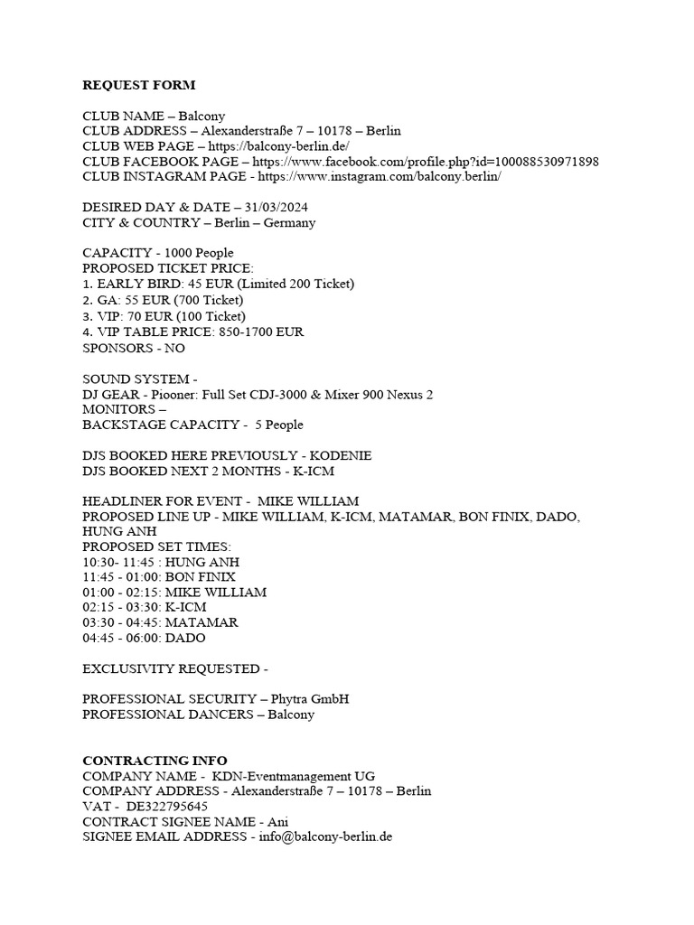 Mike William Event Request Form | PDF | Travel | Art
