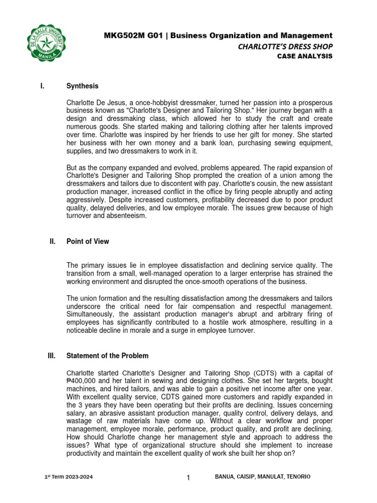Charlotte's Dress Shop Case Analysis | PDF | Outsourcing | Employment