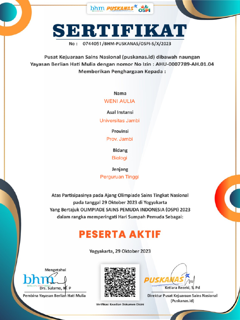 Cert - Biologi - OSPI 2023 | PDF