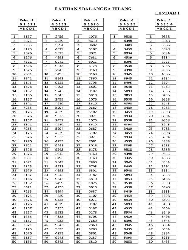 Soal Latihan Angka Hilang 1 | PDF
