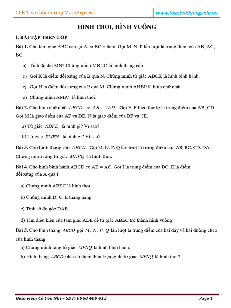Bu I 15. Pbt+Btvn. Hình Thoi-Hình Vuông | PDF