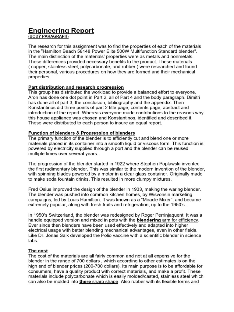 Engineering Report Body Paragraphs Edited | PDF | Blender | Ductility