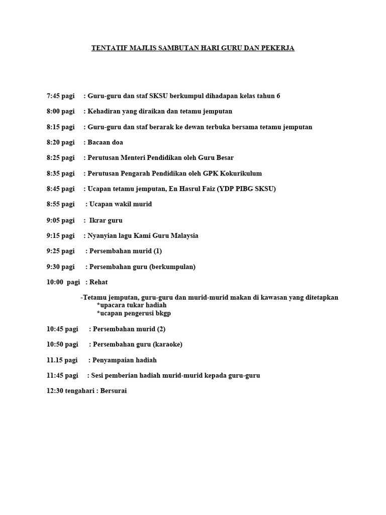 TENTATIF MAJLIS SAMBUTAN HARI GURU DAN PEKERJA (Updated) | PDF