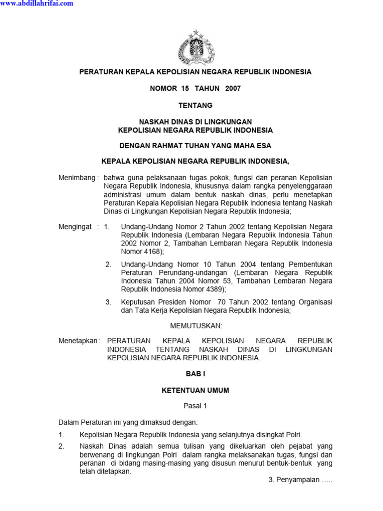 Perkap No 15 TH 2007 TTG Naskah Dinas Di Lingkungan Polri | PDF