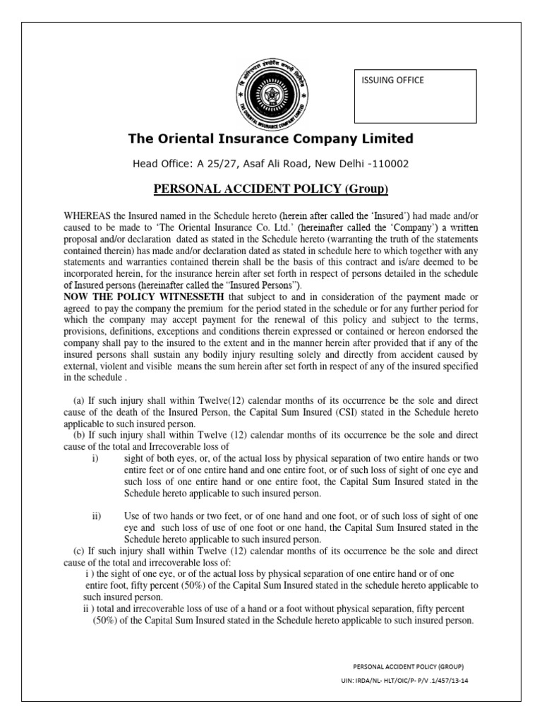 Group Personal Accident Insurance Policy | PDF | Insurance | Hospital