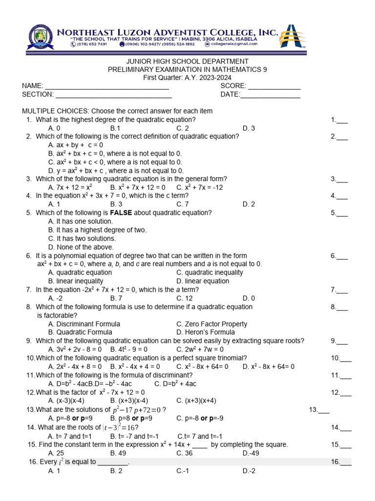 1ST QUARTER PRELIMINARY EXAM INATION Final | PDF | Quadratic Equation ...