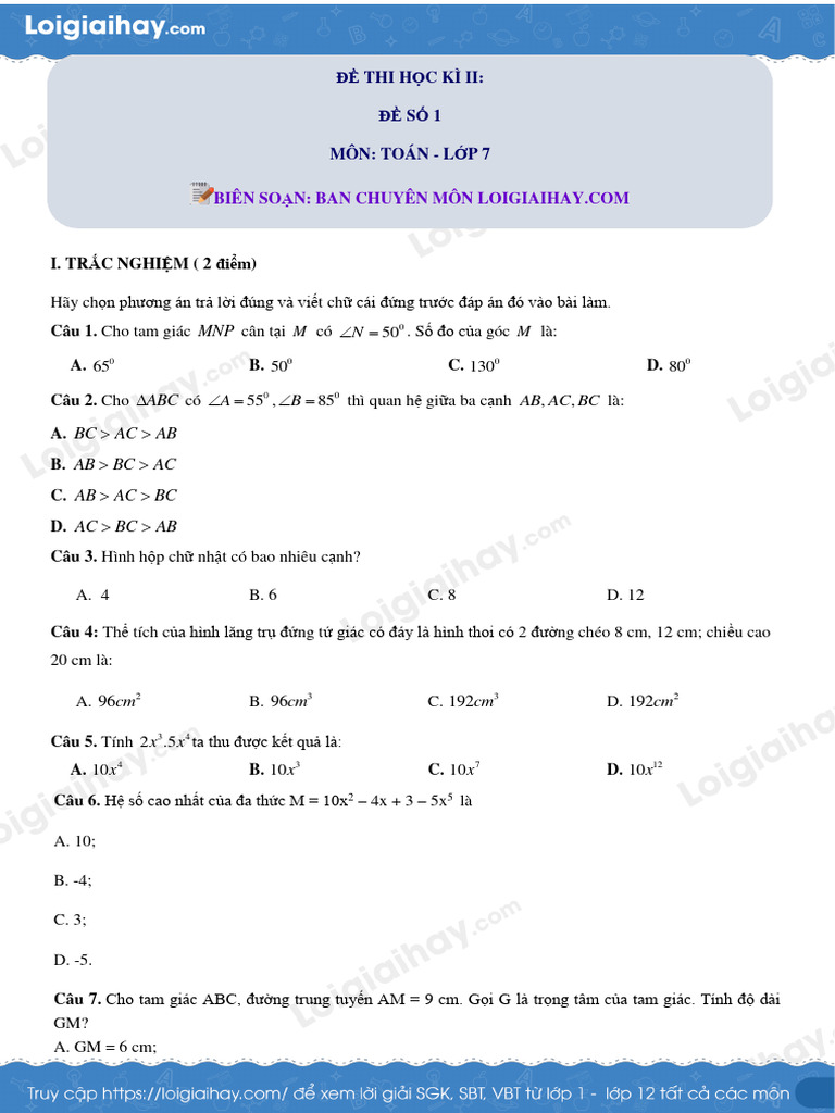 De Kiem Tra Hoc Ki 2 Toan 7 de So 1 Ket Noi Tri Thuc 1680333824 | PDF