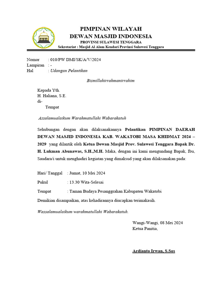 Undangan Pelantikan DMI Wakatobi | PDF