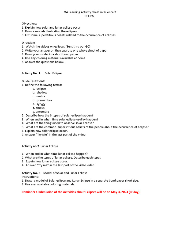 Science 7 Eclipse Activity Sheet | PDF | Foreign Language Studies | Art