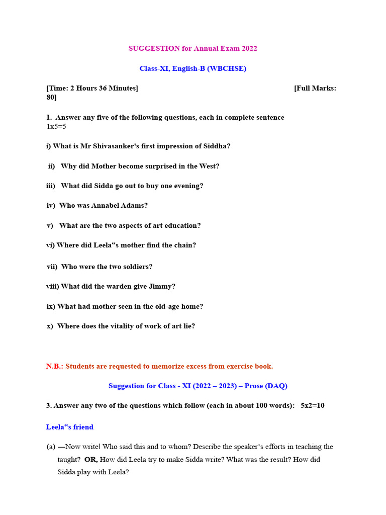 Class XI English Suggestion, 2023 WBCHSE | PDF | Othello | Twelfth Night Class XI English Suggestion, 2023 WBCHSE | PDF | Othello | Twelfth Night