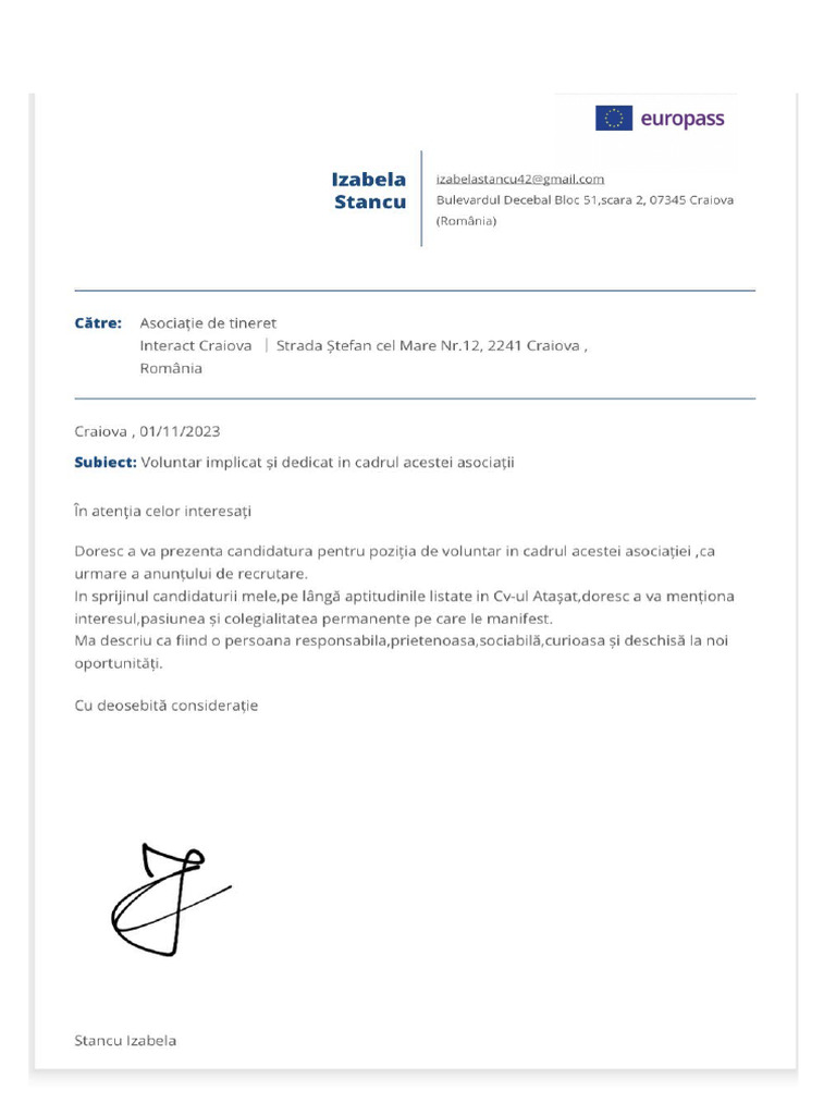 Scrisoare Intentie Europass Copie Copie Copie | PDF