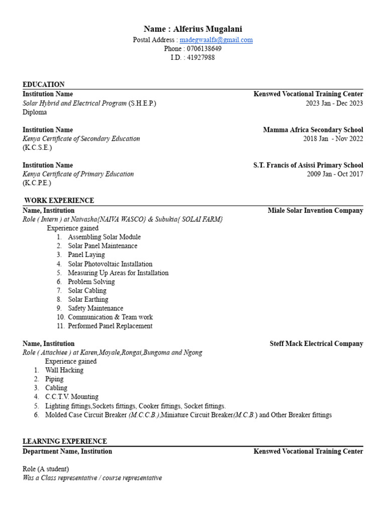 CV Sample | PDF | Electric Power | Electricity