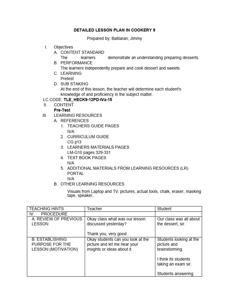 Lesson-Plan-Cookery 9 Mon | PDF | Educational Assessment | Learning