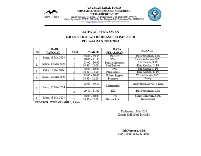 Jadwal Pengawas Us 2024 | PDF
