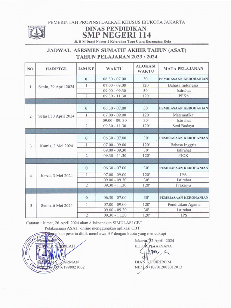 Jadwal Asesmen Sumatif Akhir 2023-2024 | PDF