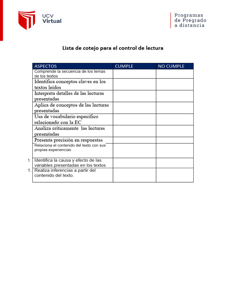 Lista de Cotejo para El Control de Lectura. | PDF