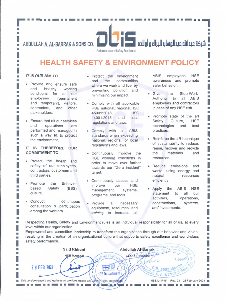 Health Safety & Environmental Policy Hse-L1-P01 Rev 02 | PDF ...