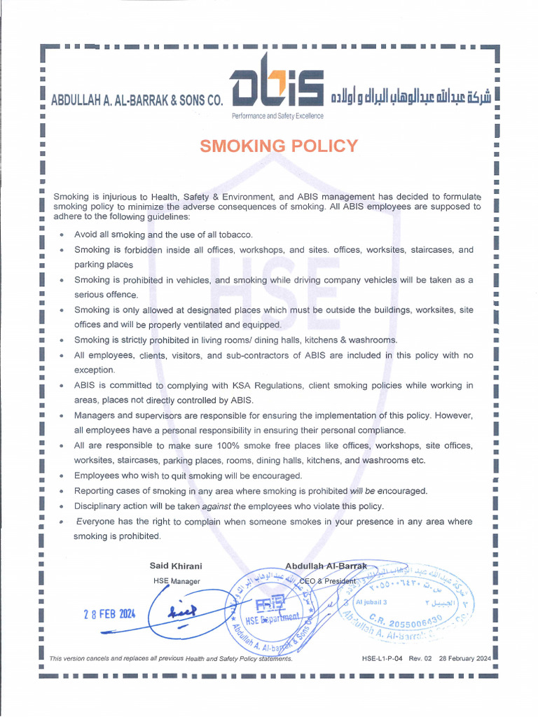 Smoking Policy Hse-L1-P04 Rev 02 | PDF | Tobacco Smoking | Addiction