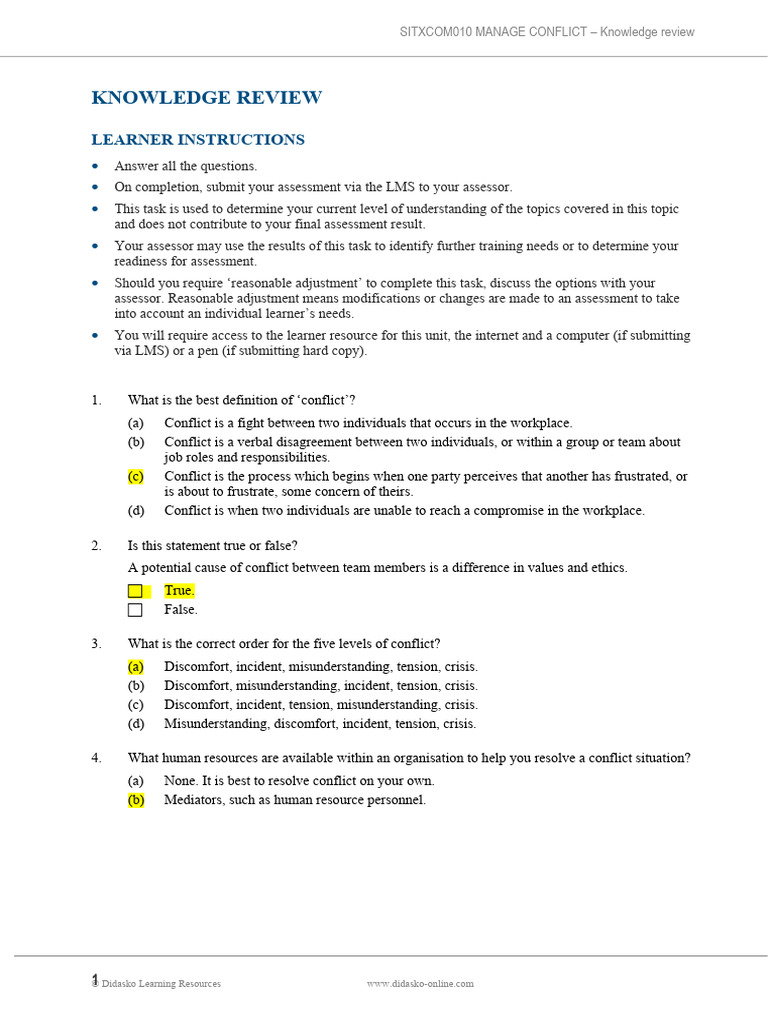 SITXCOM010 - Manage Conflict - Knowledge - Review - V4-1 | PDF ...