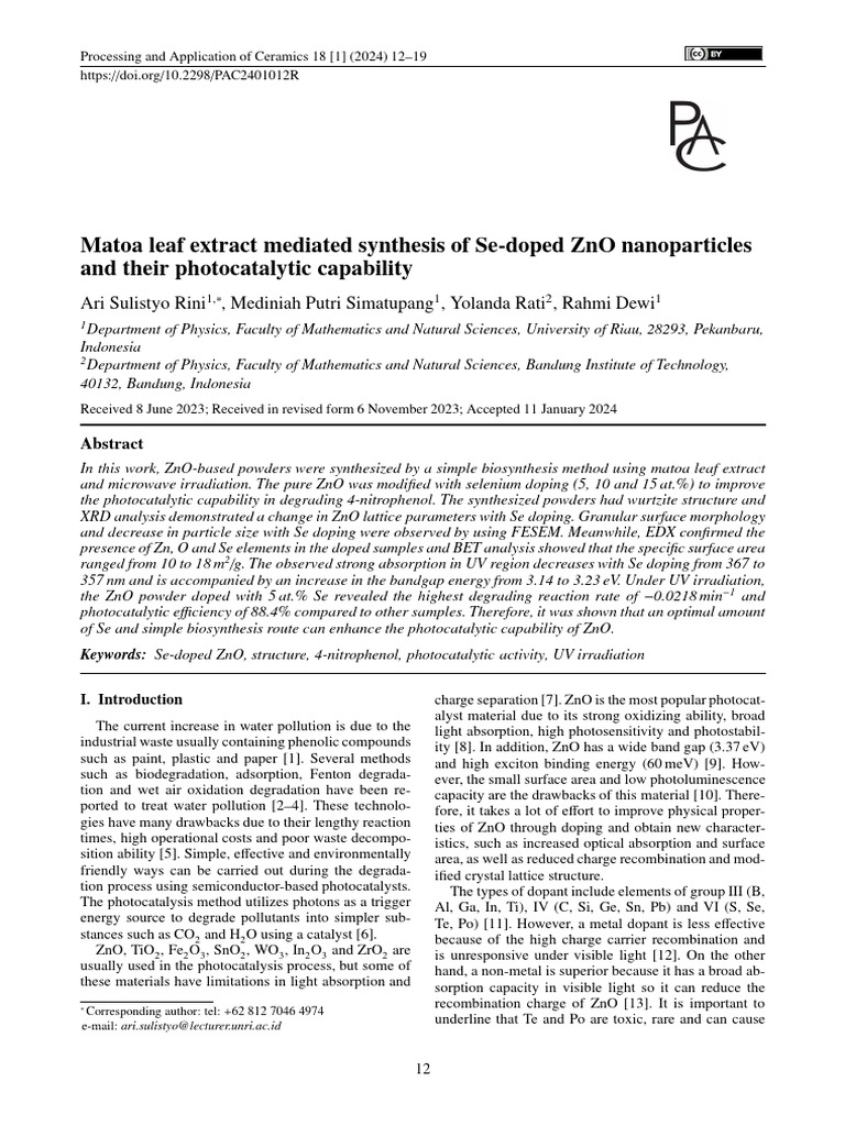 Matoa Leaf Extract Mediated Synthesis of Se-Doped ZnO Nanoparticles and Their Photocatalytic ...