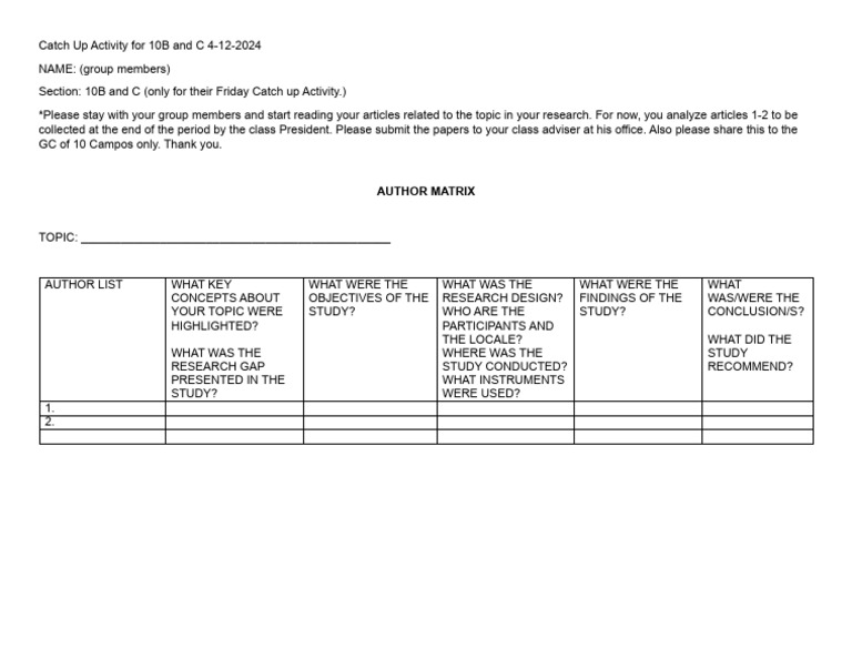 Catch Up Friday Activity For 10B and C Only | PDF