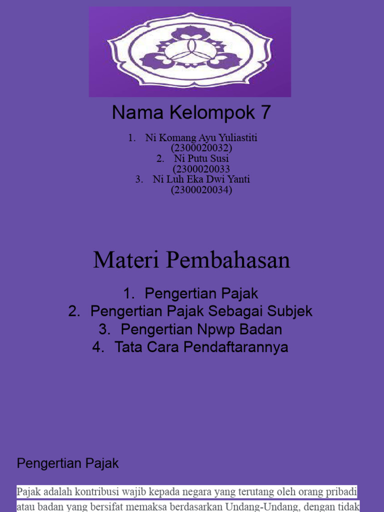 Perpajakan Lanjutan Kelompok 7 | PDF | Bisnis | Pengelolaan Keuangan & Uang