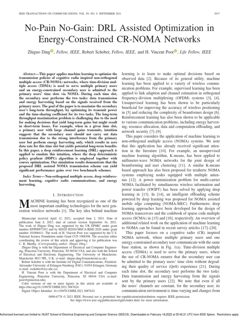 No-Pain No-Gain DRL Assisted Optimization in Energy-Constrained CR-NOMA ... No-Pain No-Gain DRL Assisted Optimization in Energy-Constrained CR-NOMA ...