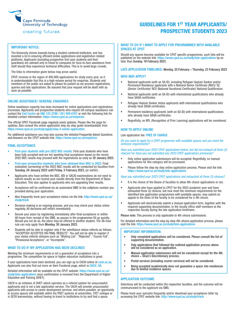 CPUT 2023 First-Year Application Guide | PDF