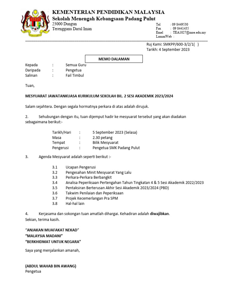 Surat Panggilan Mesy Jks Bil 2 Sesi Akademik 2023 2024 | PDF