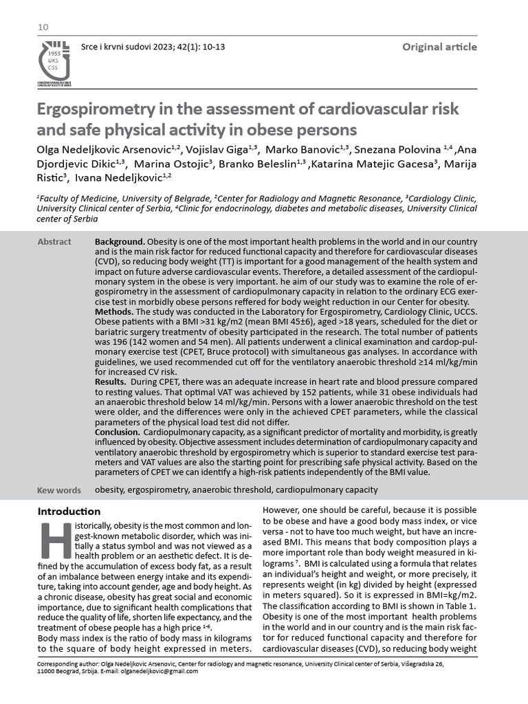 Ergospirometry for Cardiovascular Risk in Obesity | PDF | Body Mass ...