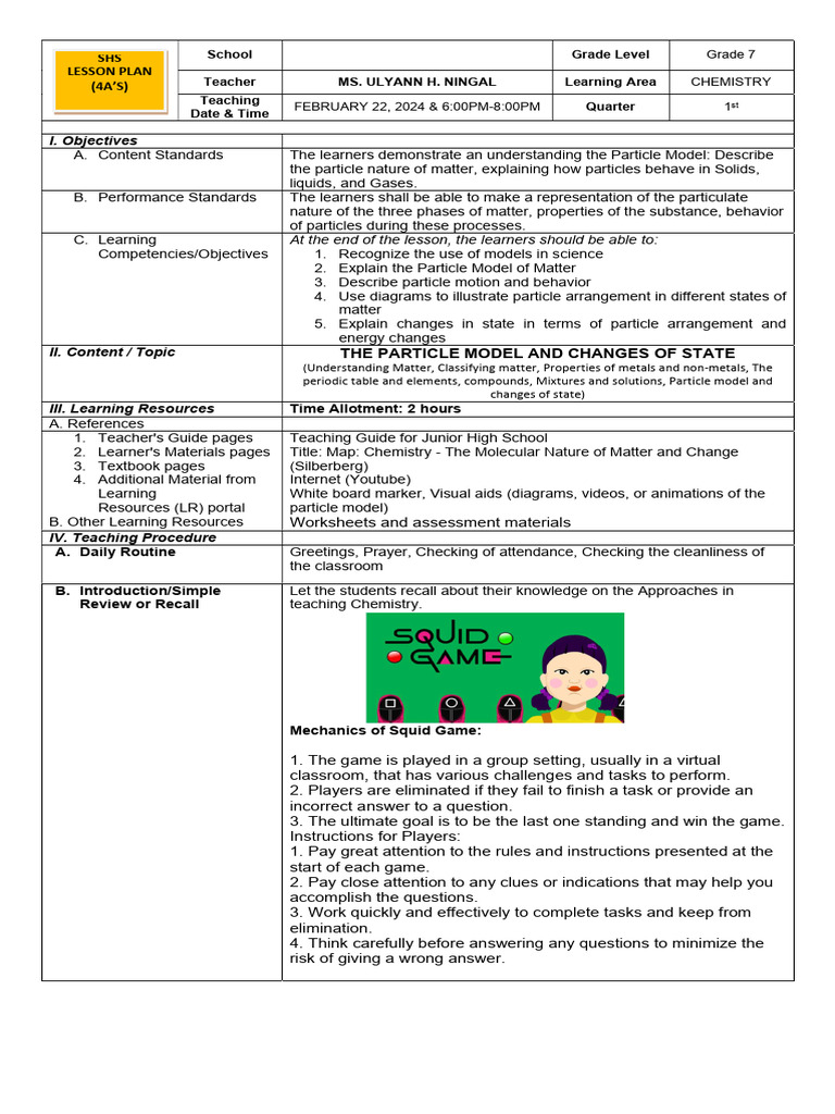 Grade 7 Chemistry Lesson Plan | PDF | Mixture | Chemistry