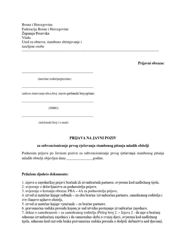 Prilog Broj 1. - PRIJAVA Prijavni Obrazac | PDF