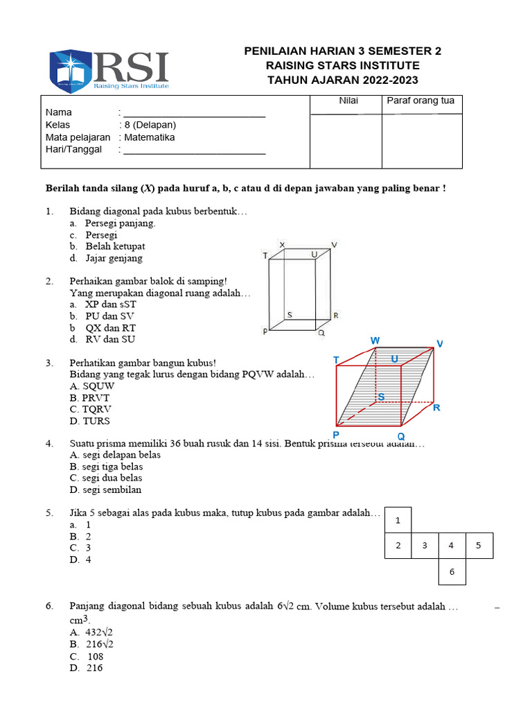 Ulangan Mat G8 Ke 3 Bangun Ruang | PDF | Metode & Bahan Ajar | Griya & Taman