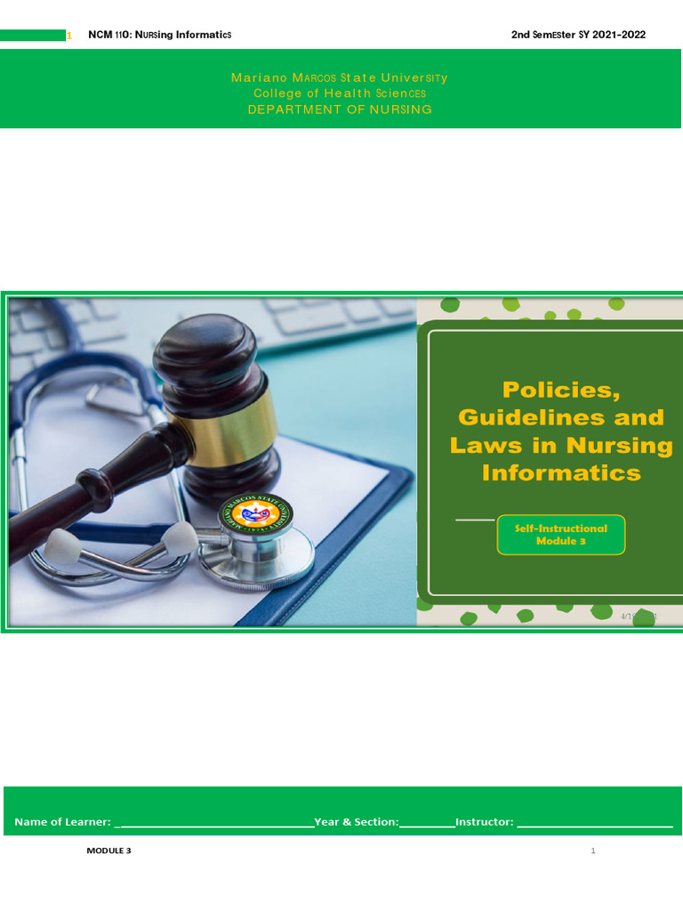Module 3 Policies Guidelines and Laws in Nursing Informatics 2022 | PDF ...