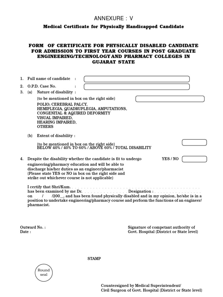 Medical Certificate for Disabled Admission | PDF