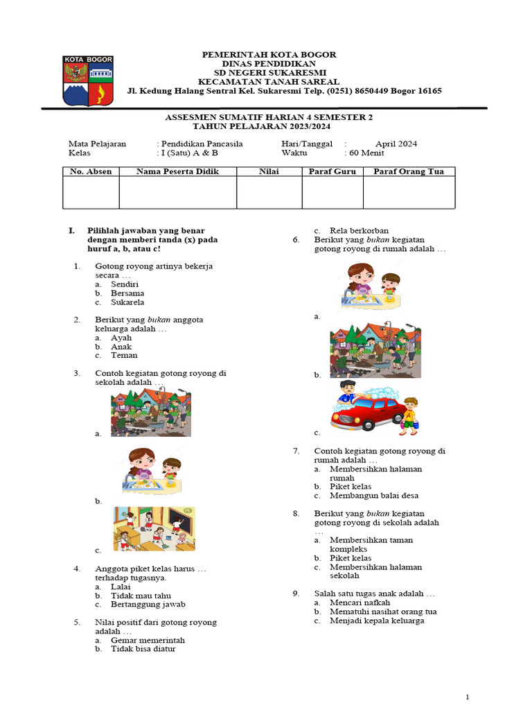 Asesmen Sumatif Harian 4 SMT 2 Kls 1 Pendidikan Pancasila | PDF