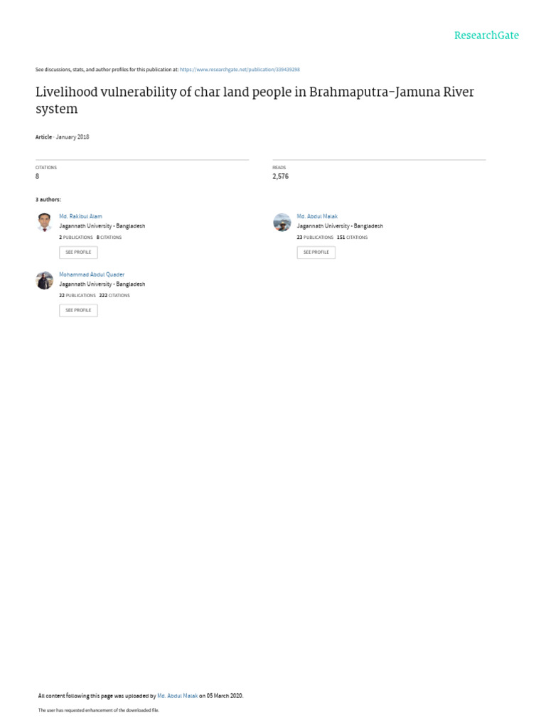 Livelihood Vulnerability of Char Land People in Brahmaputrajamuna River ...