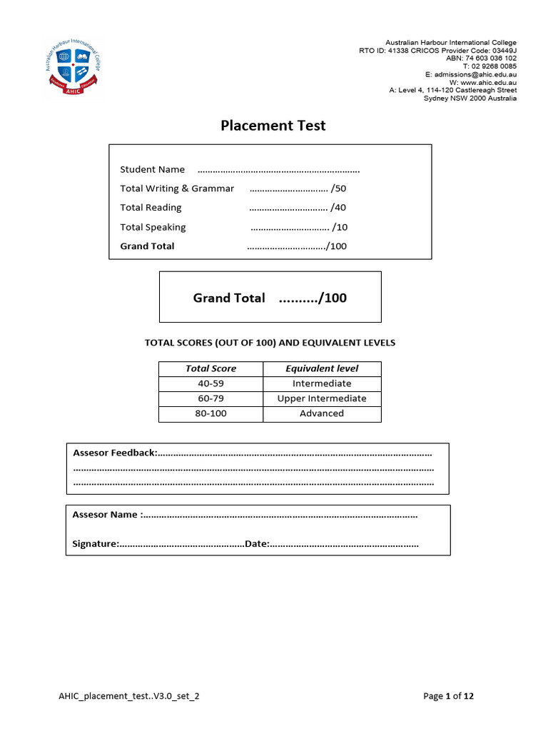 AHIC Placement Test | PDF