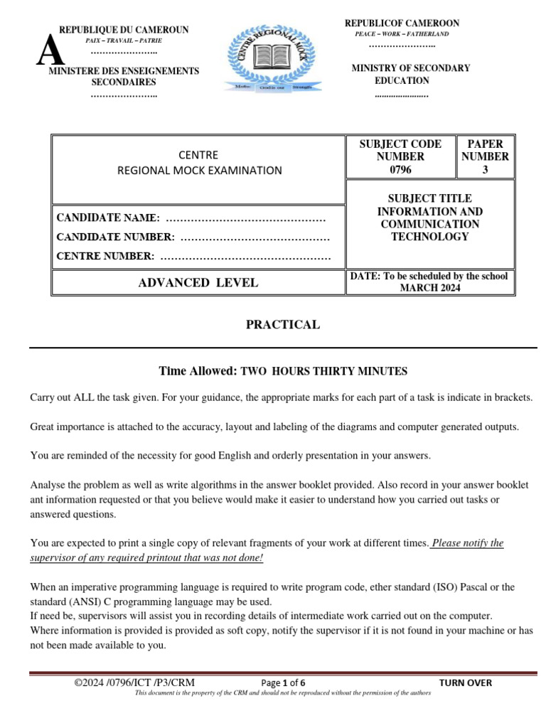 Centre Regional Mock Examination: Advanced Level | PDF | Spreadsheet ...