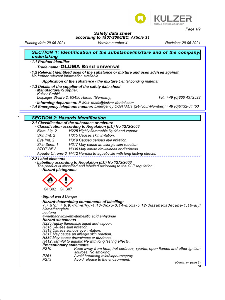 GLUMA Bond Universal Safety Data Sheet | PDF | Toxicity | Dangerous Goods