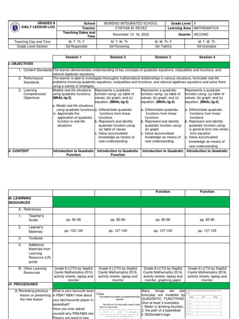 DDL - 2Q - LC 10-11 Mathematics 9 | PDF | Quadratic Equation | Function (Mathematics)