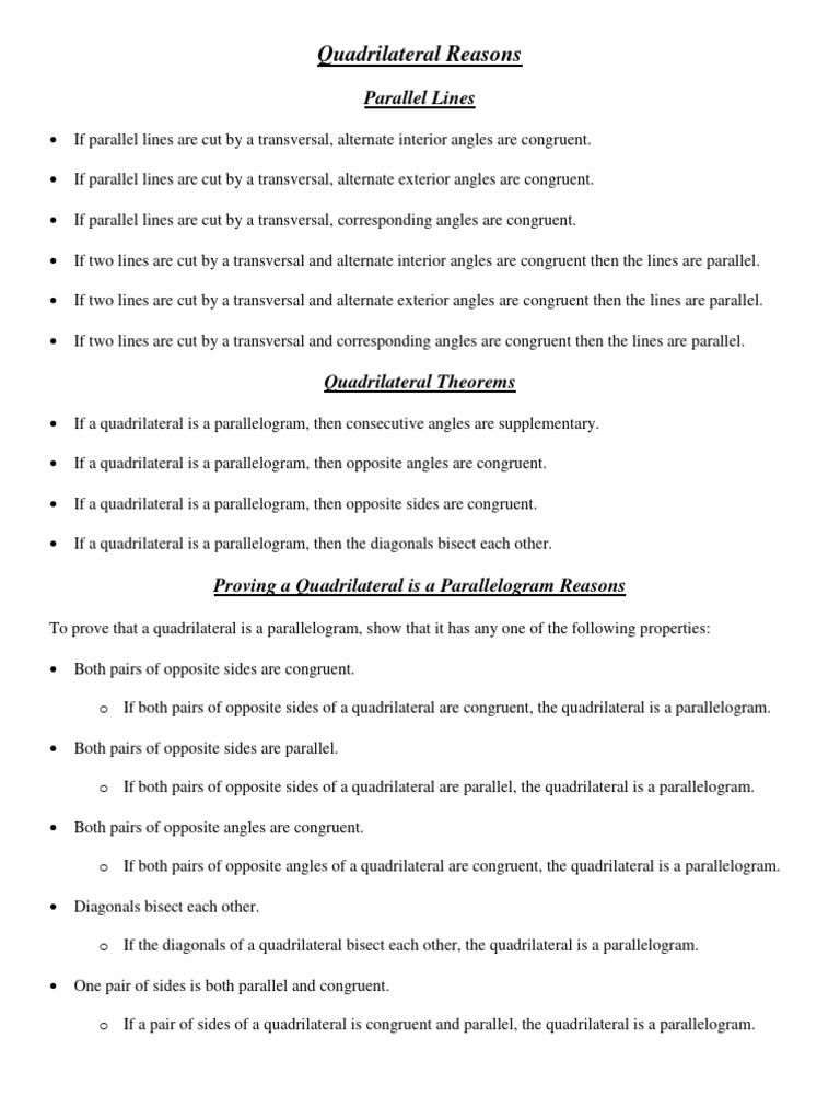 Quadrilateral Reasons and Theorems | PDF | Euclid | Euclidean Plane ...