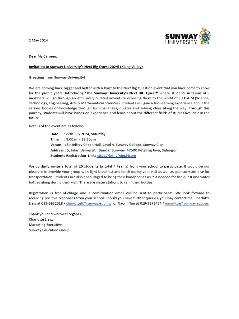 Sunway University Next Big Quest 2024 - Invitation Letter - Klang ...