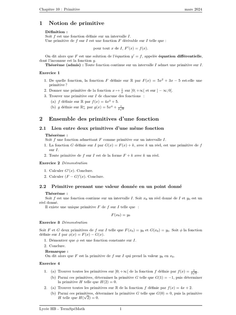 Notions et Exercices sur les Primitives | PDF | Fonction (Mathématiques ...